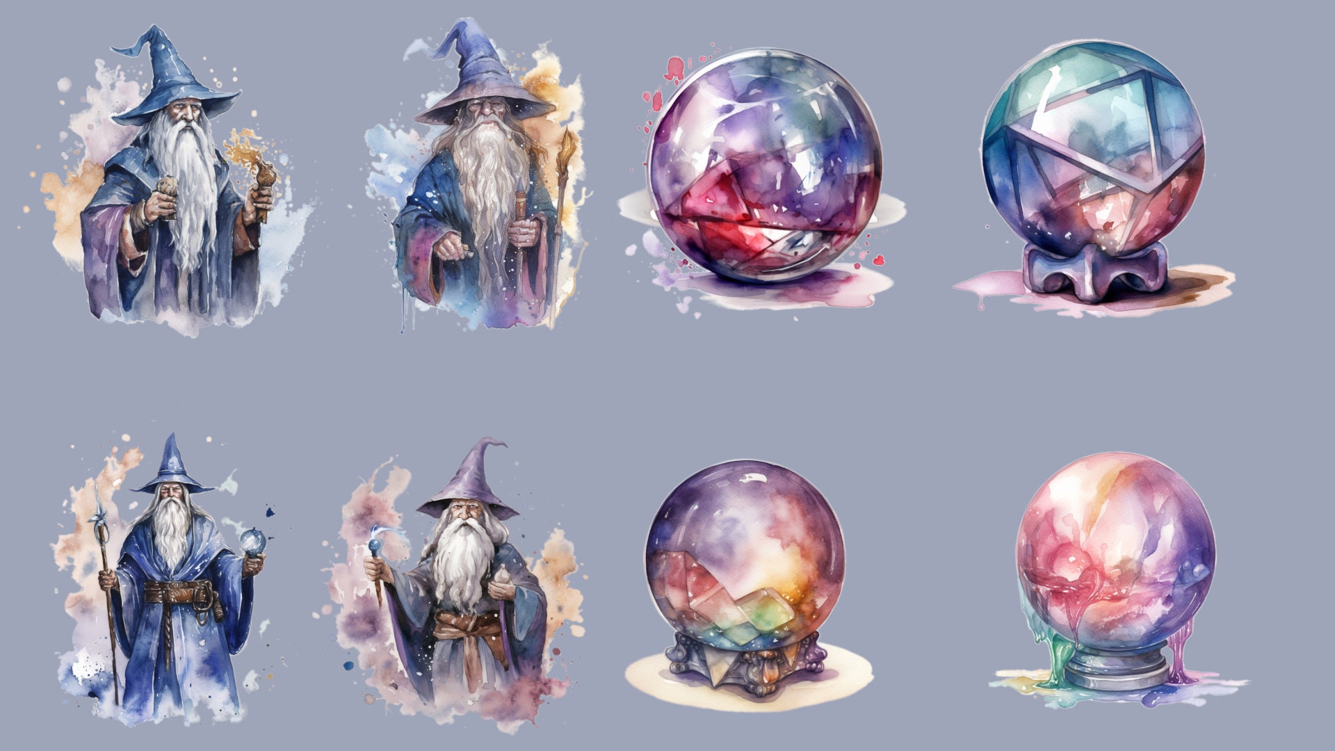 Set of 40 Watercolor Wizard Assets Clipart Bundle 300 DPI PNG Wizards ...