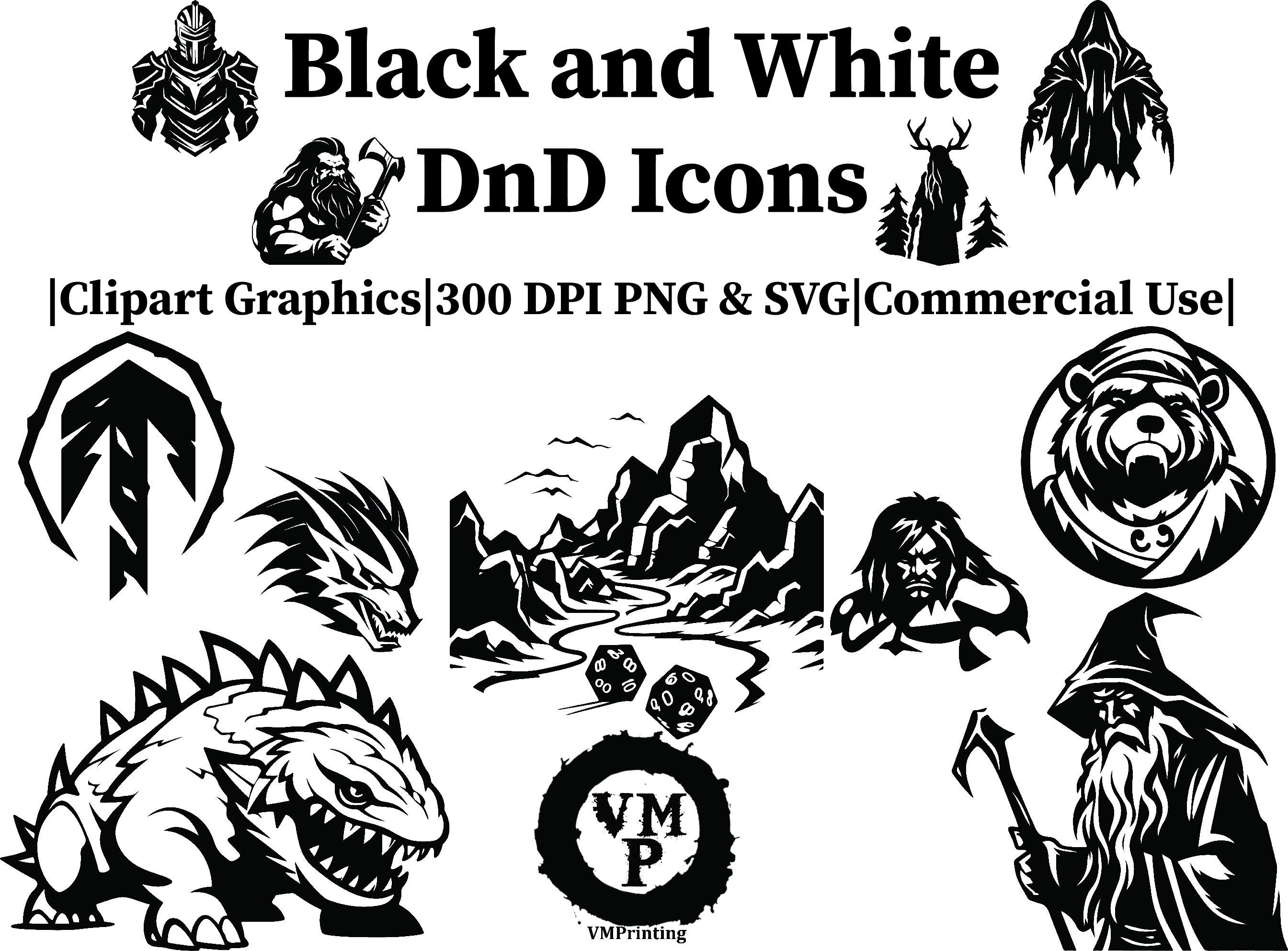 SVG & PNG set of 160 Black and White Dungeons and Dragons Icon Bundle ...