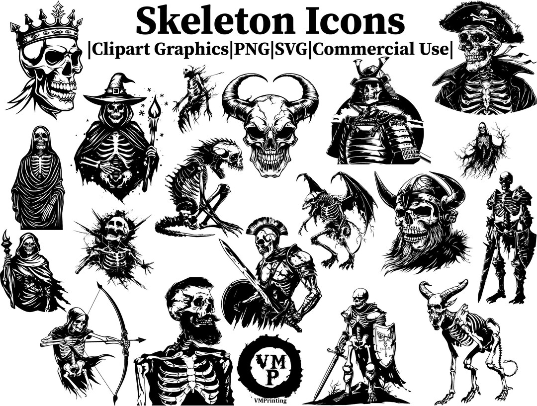 SVG & PNG - Set of 192 Skeleton Icons Bundle - Demonic, Dragon, Viking ...