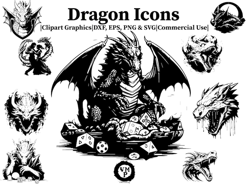 DXF, Eps, SVG & PNG Set of 40 Dungeons and Dragons Dragon Icons Bundle ...