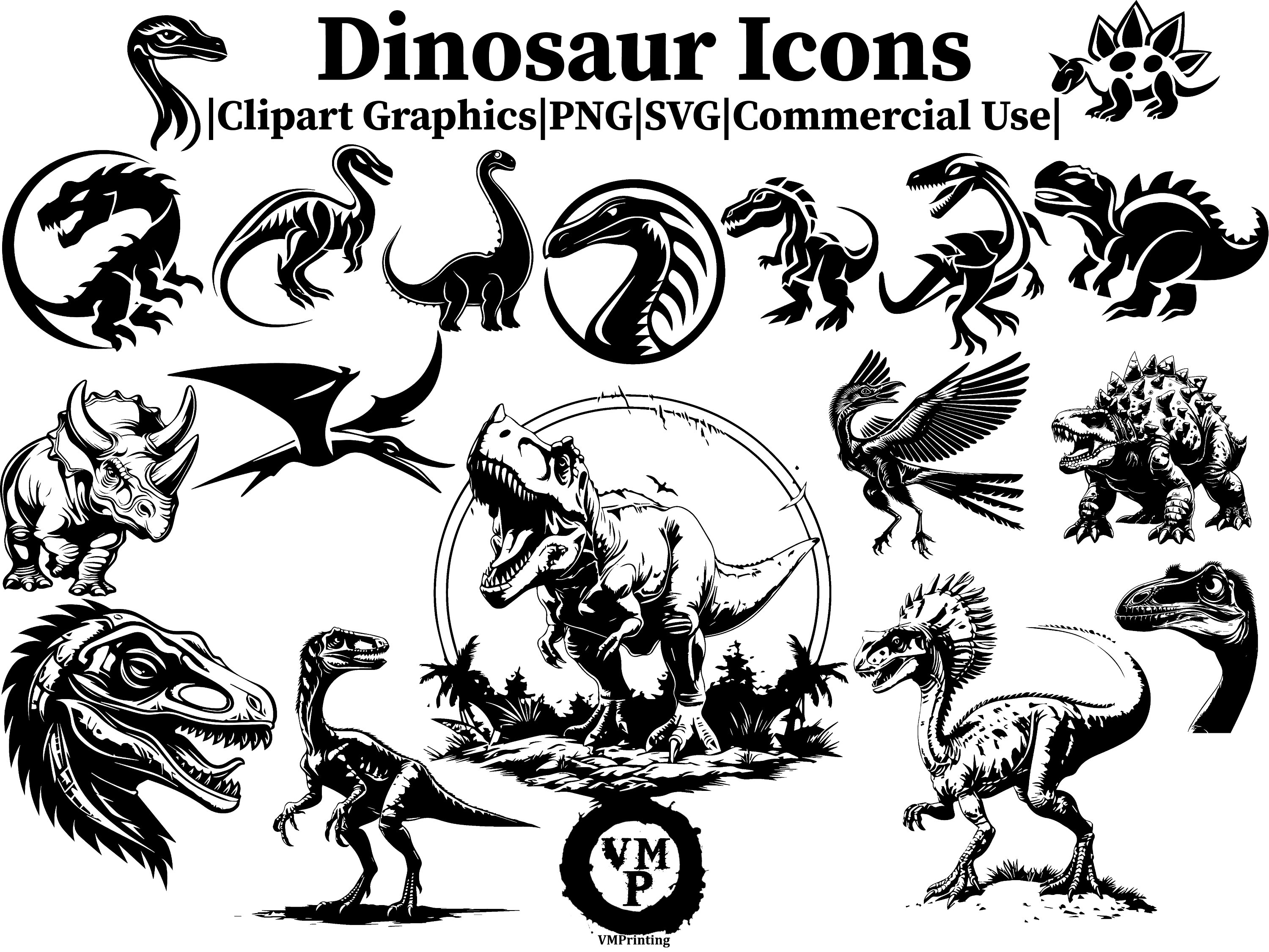 SVG & PNG Set of 240 Ancient Dinosaur Icons Bundle T-rex, Velociraptor ...