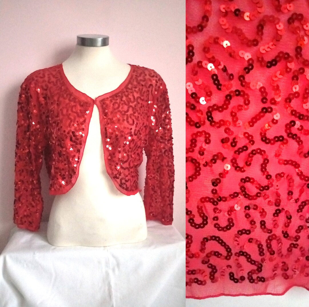 Red Sequin Bolero Shrug, Sequin Blouse, Evening Cape, Sequin Top ...