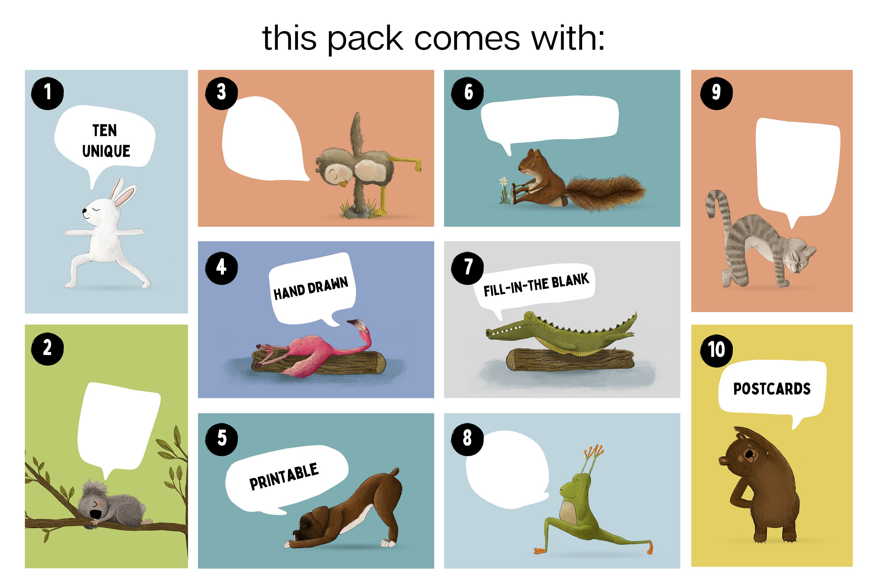 10 Yoga Animal Printable Postcards pack B 4x6 DIY Fill in the Blank ...
