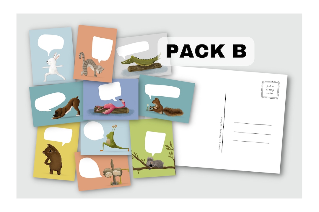 10 Yoga Animal Printable Postcards pack B 4x6 DIY Fill in the Blank ...
