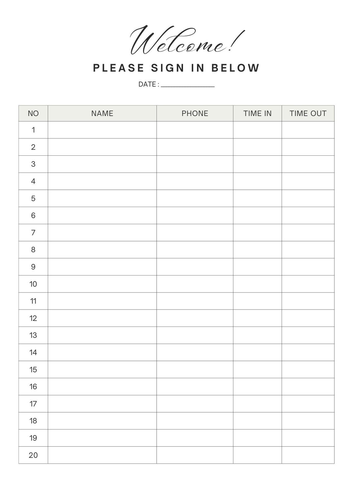 Editable Sign in Sheet Client Sign in Sheet Spa Client Check in Sheet ...