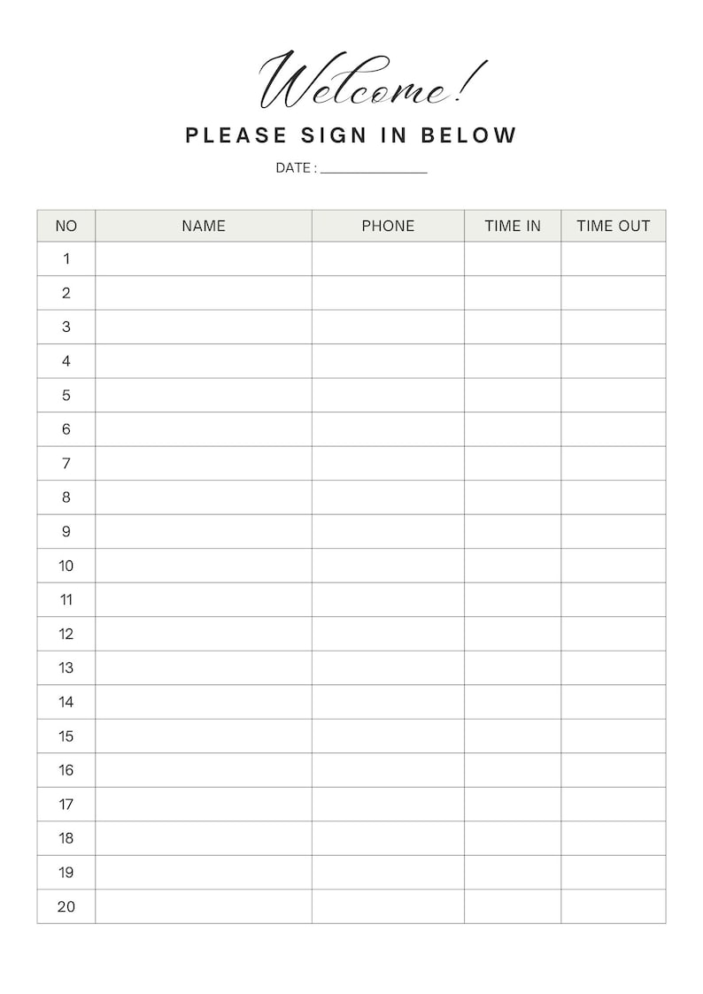 Editable Sign in Sheet Client Sign in Sheet Spa Client Check in Sheet ...
