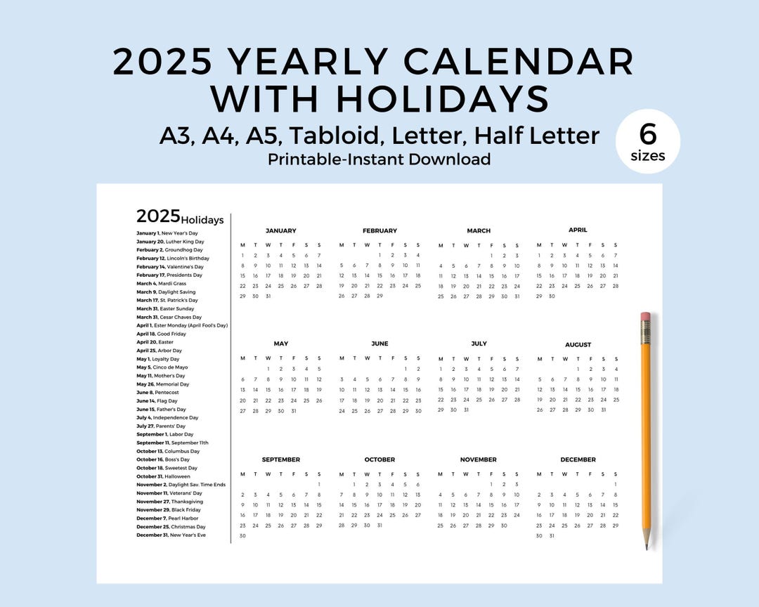 2025 Year Calendar With Holidays: Minimalist Horizontal Printable ...