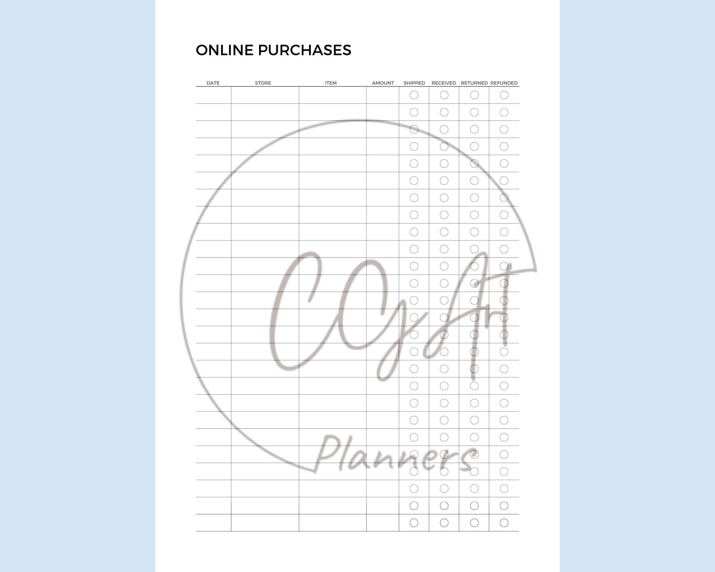 Online Purchases Tracker, Purchase Order Form, Expense Tracker Printable - Etsy