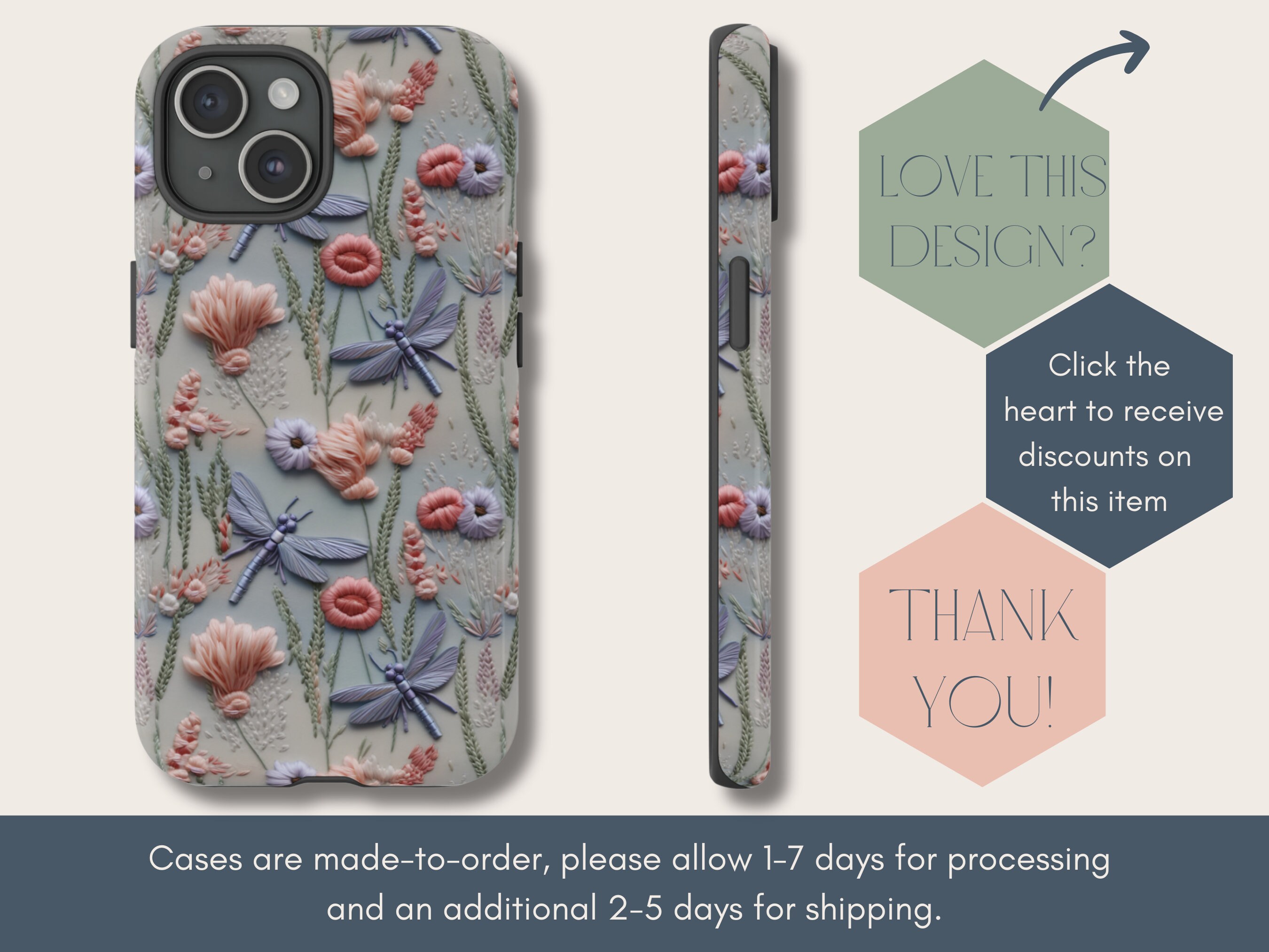 Blue Dragonfly Phone Case, 3D Faux Embroidered iPhone Cover, Boho ...