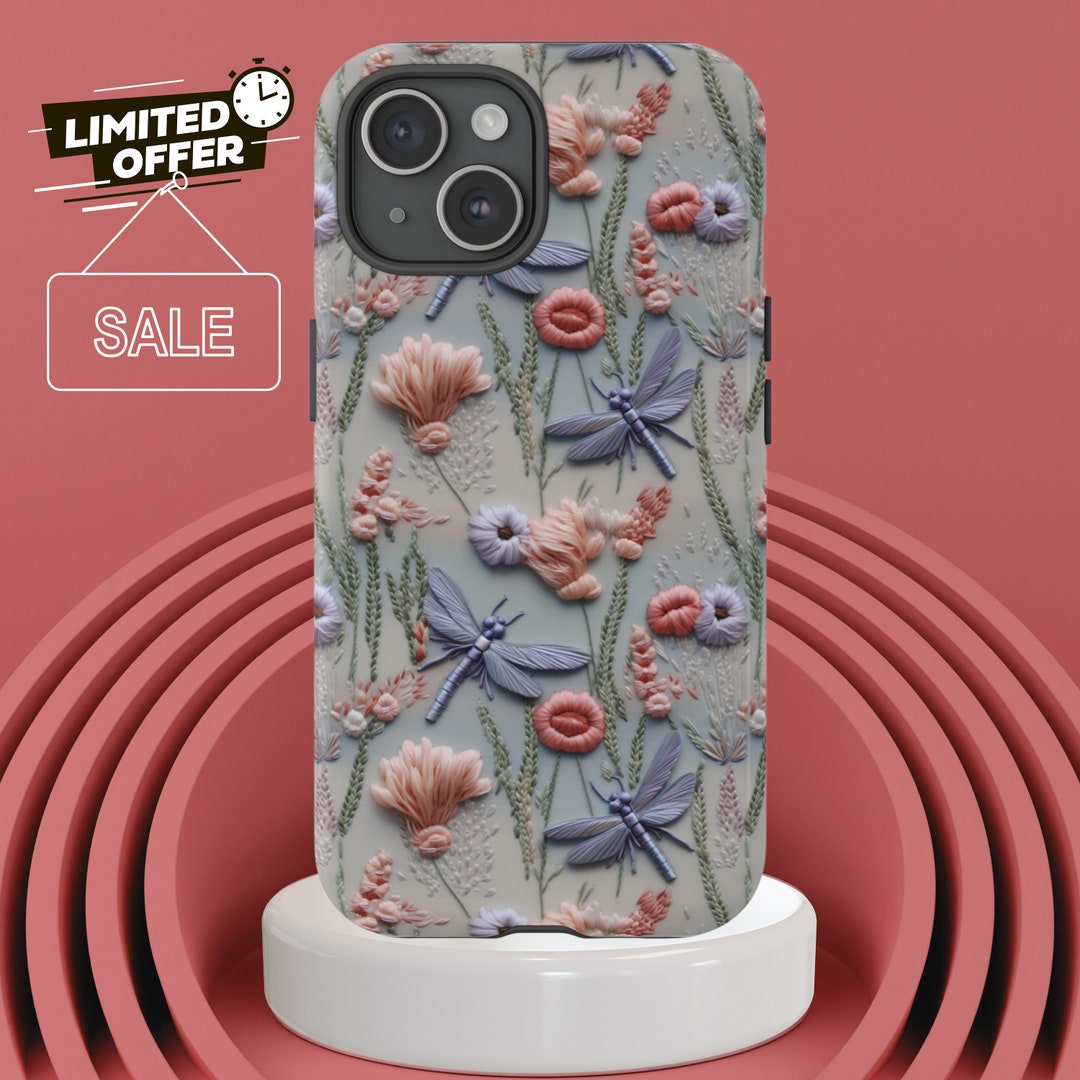 Blue Dragonfly Phone Case, 3D Faux Embroidered iPhone Cover, Boho ...