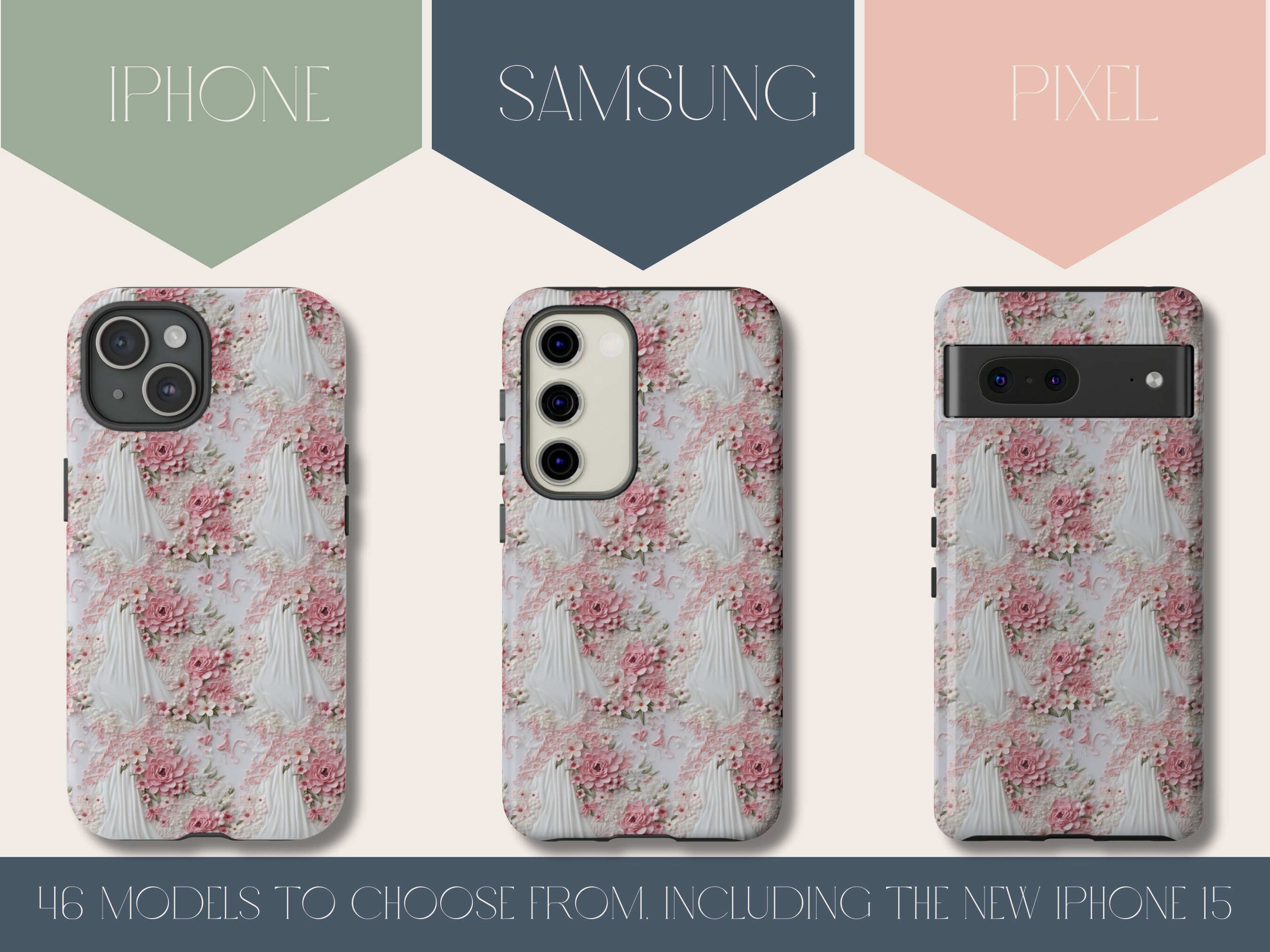 Elegant 3D Floral Wedding Phone Case, Ivory Gown & Pink Blossoms Phone ...