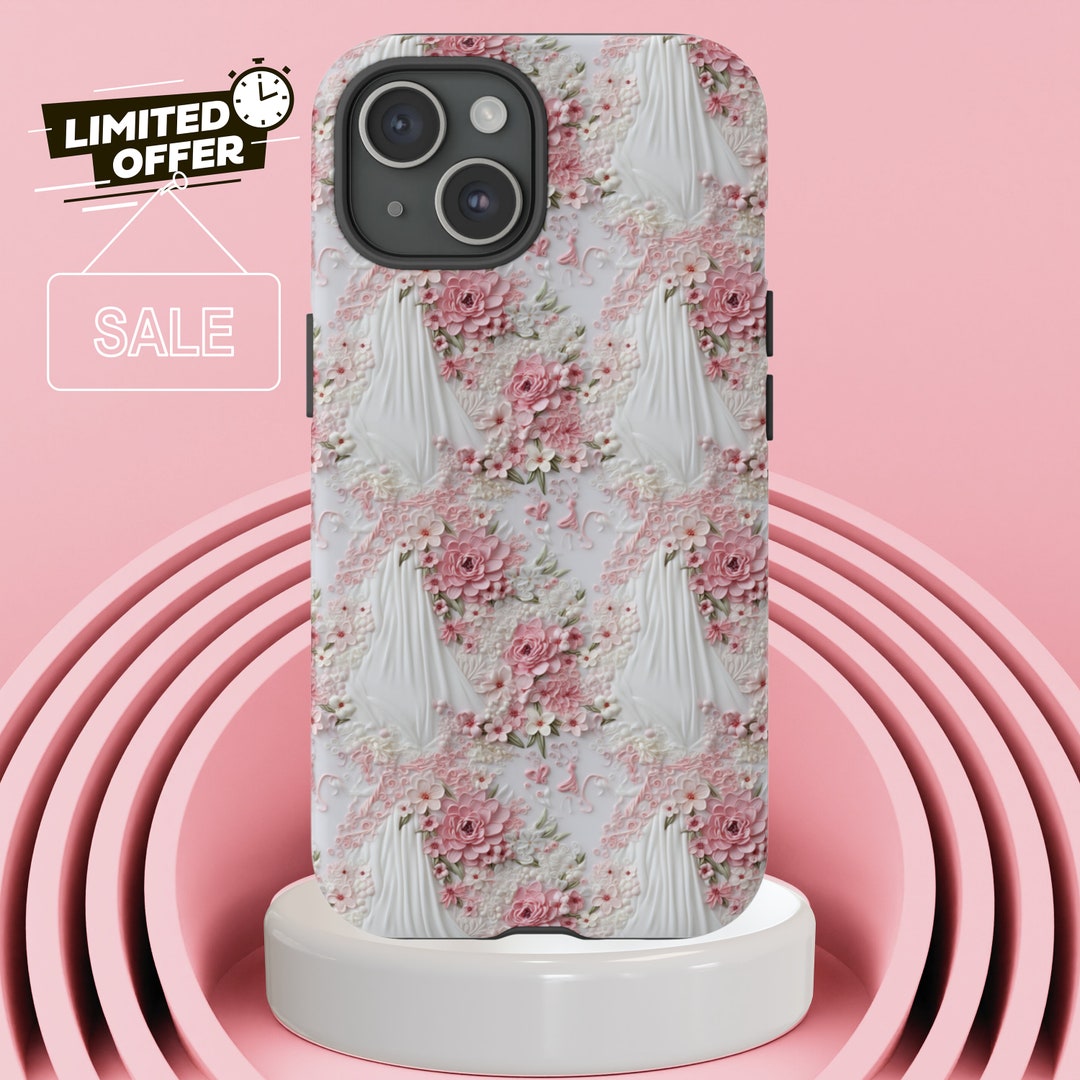 Elegant 3D Floral Wedding Phone Case, Ivory Gown & Pink Blossoms Phone ...