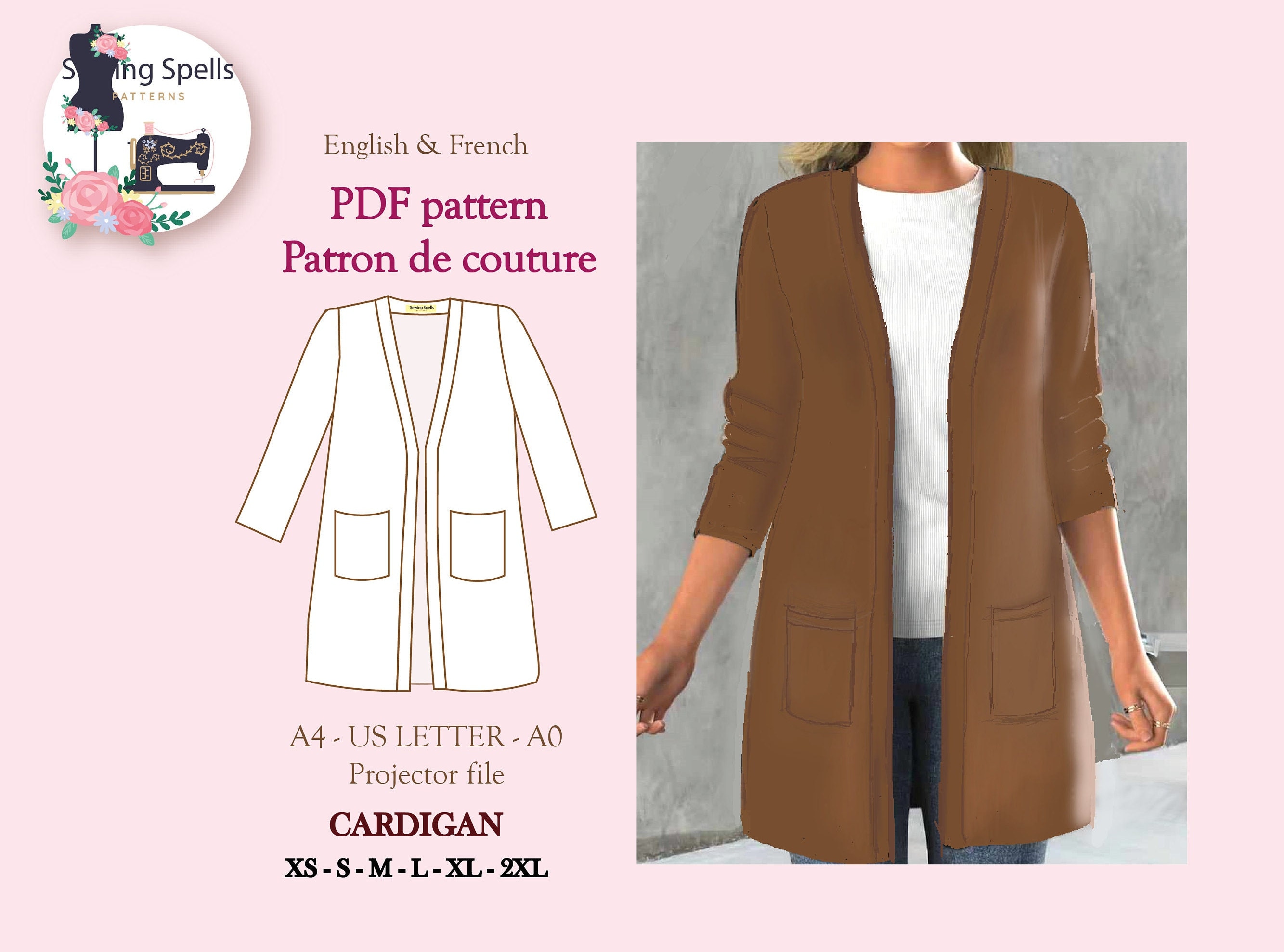 Cardigan Sewing Pattern - Cardigan Sewing Pattern A4 - US Letter - A0 ...