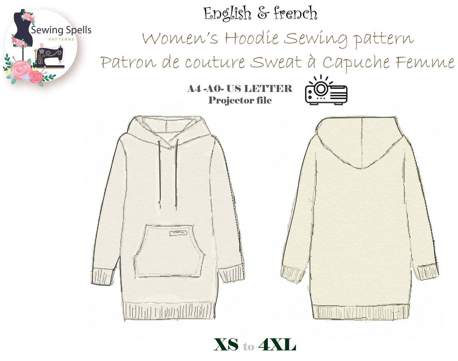 Women's Long Hoodie Digital Sewing Pattern - Sweatshirt Sewing Pattern ...