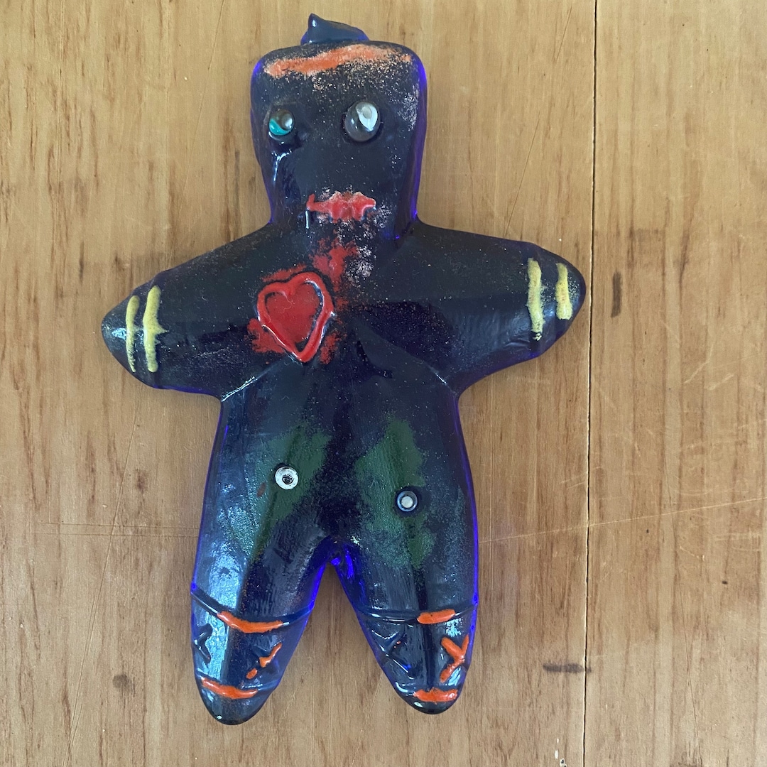 Blue Glass Art Figure With Heart and Eyes Folk Art Outsider Doll Effigy ...
