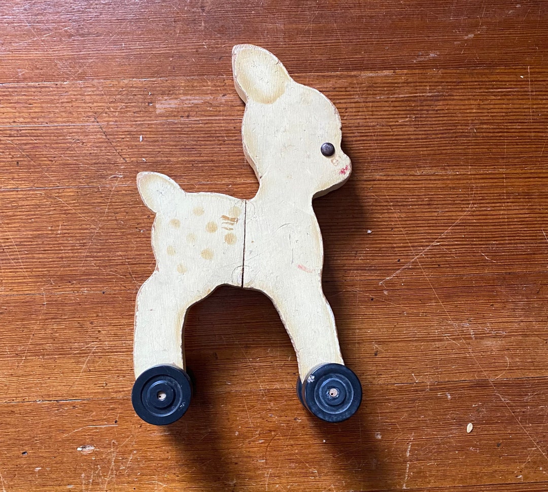 Wood Animal Fawn Deer Toy on Wheels Rare Folk Art Antique Collectible ...