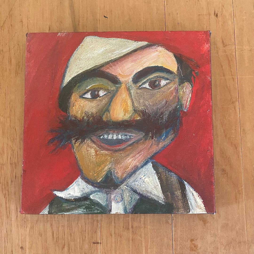 Vintage Mustache Man Portrait Painting, Folk Art Face, 10" Canvas - Etsy