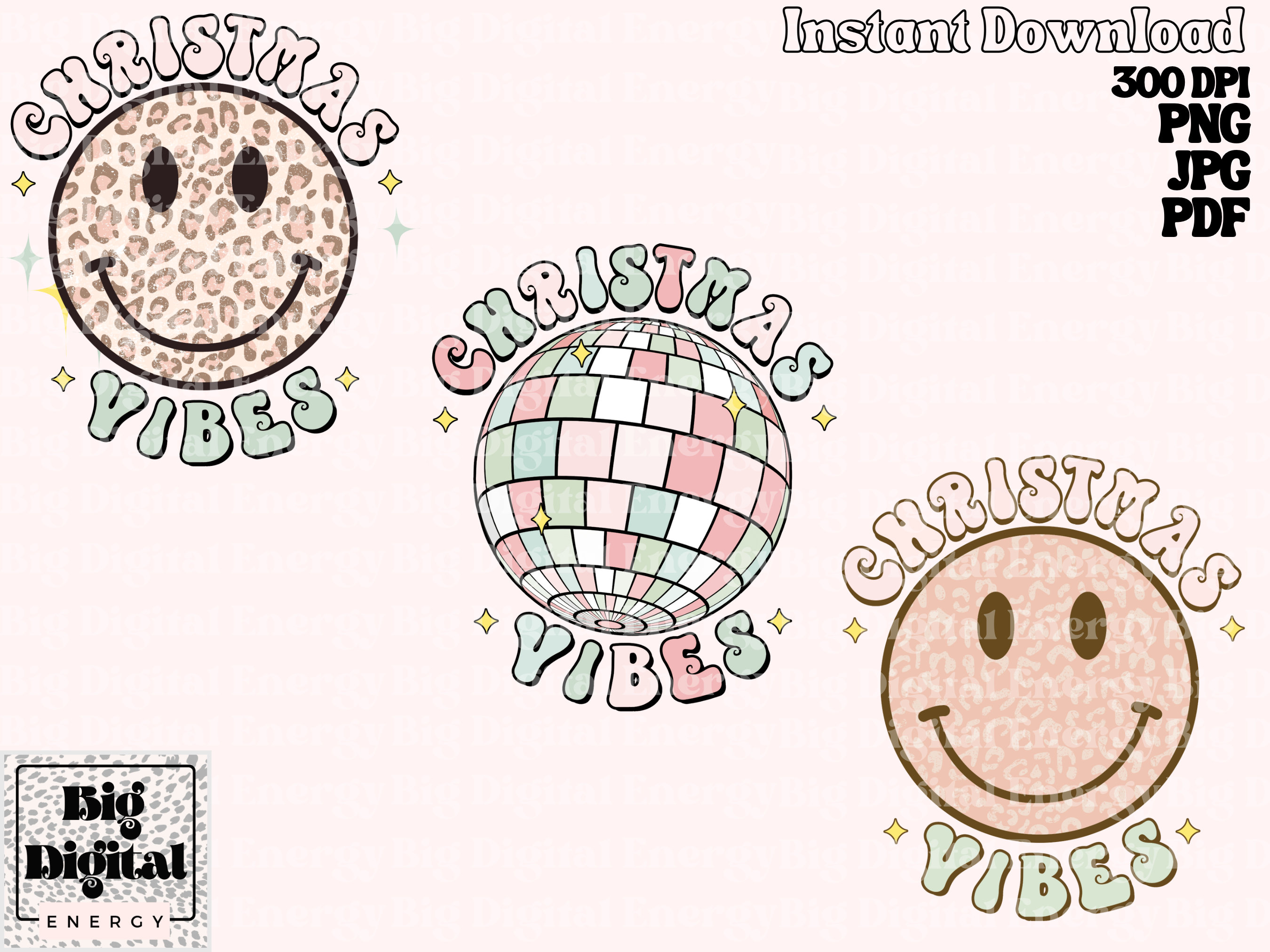 Retro Smiley Face Disco Ball Christmas Vibes Bundle, INSTANT DOWNLOAD ...