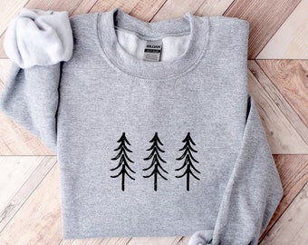 Pine Tree Trio Embroidered Crewneck Sweatshirt, Winter Sweater ...