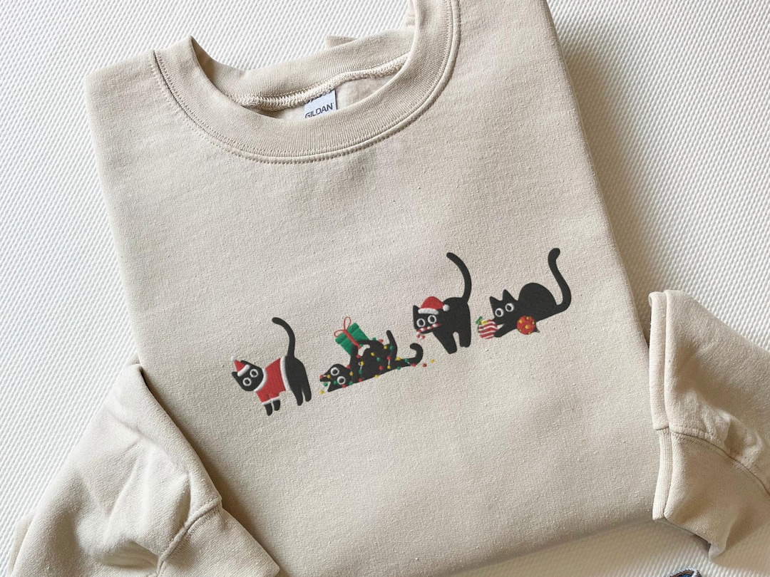 Embroidered Christmas Black Cat Sweatshirt, Embroidered Christmas Cat ...