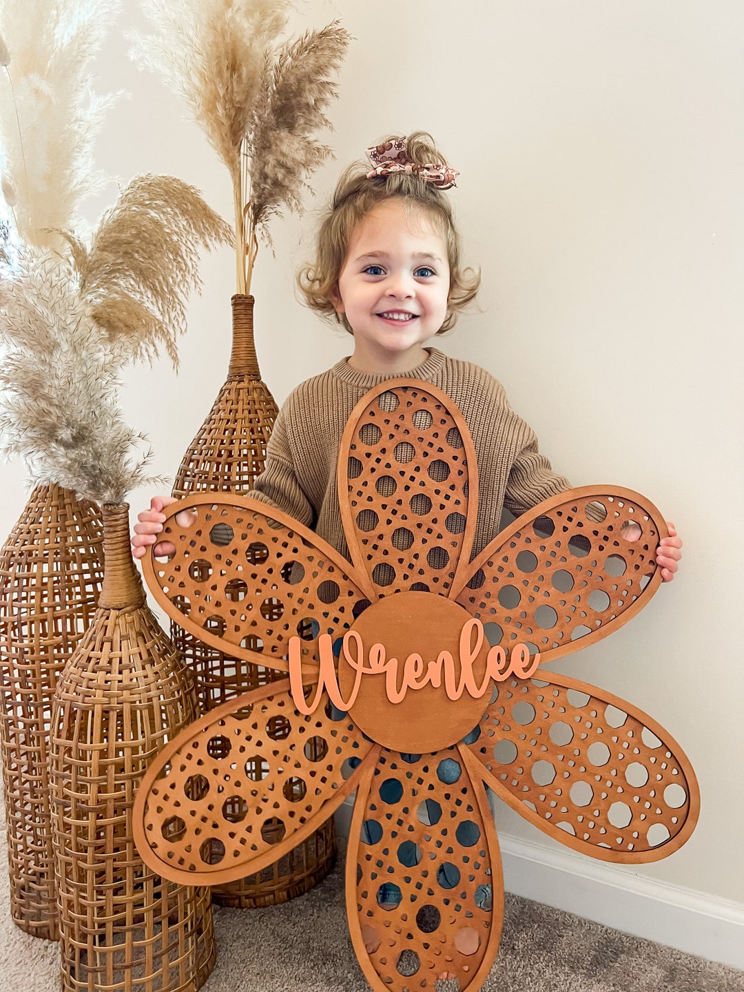 26” Daisy, Boho Rattan Daisy, Boho Nursery Decor, Rattan Decor, 3D Wood ...