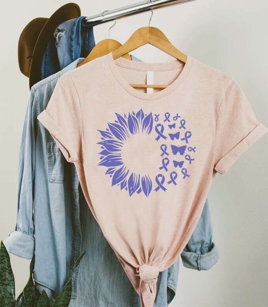 Sunflower Stomach Cancer T-shirt, Stomach Cancer Awareness Shirt, Butterfly Periwinkle Ribbon ...