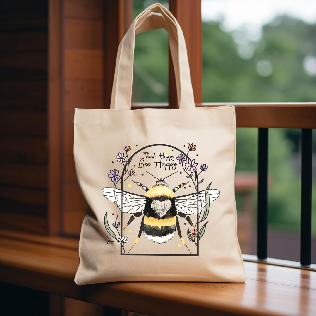 Think Happy Bee Happy Tote Bag, Bee Lover Gift, Beekeeper Tote Bag ...