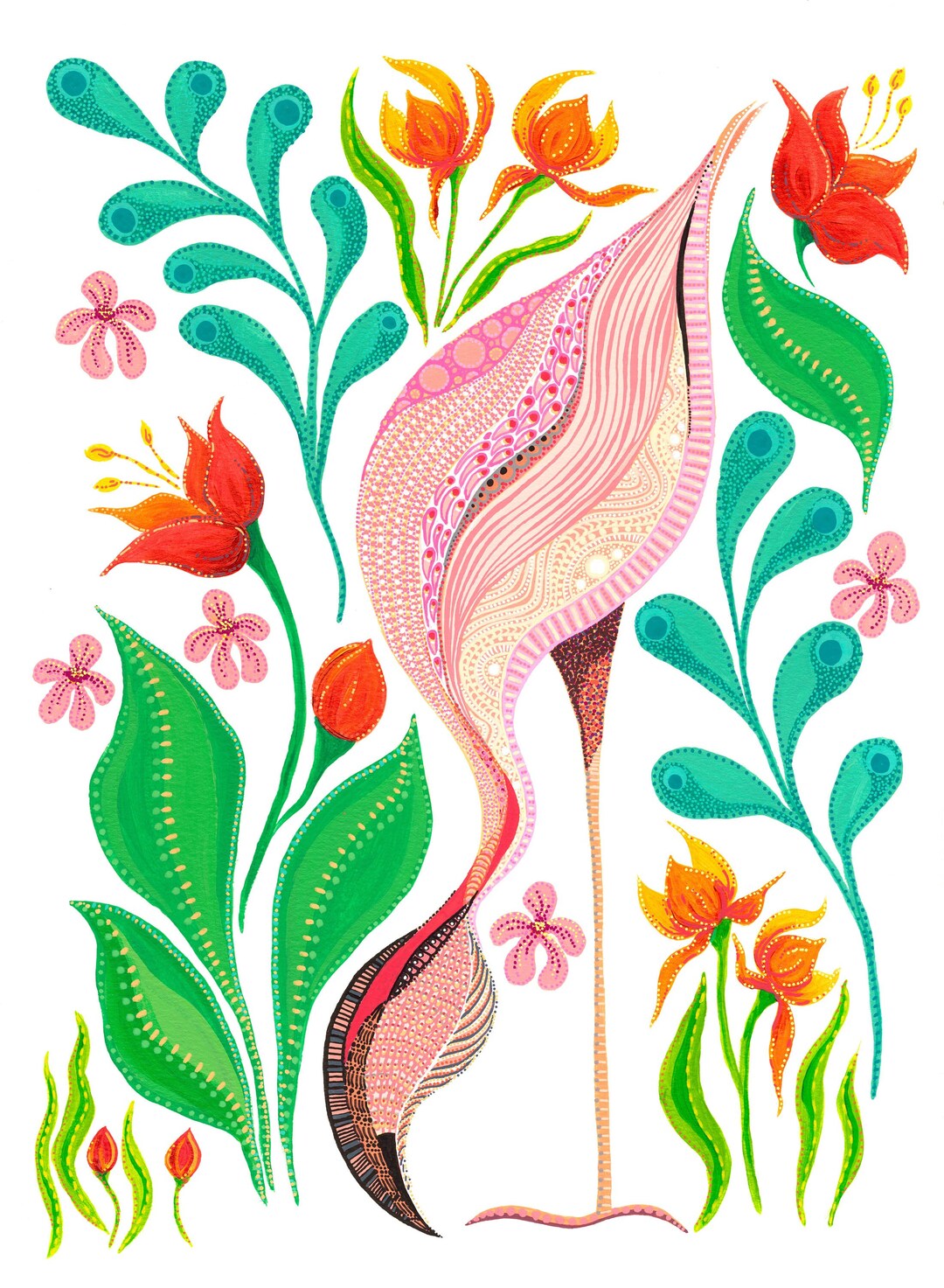Flamingo Fine Art Painting, Folk Art Style, Bird Art, Bird Print - Etsy