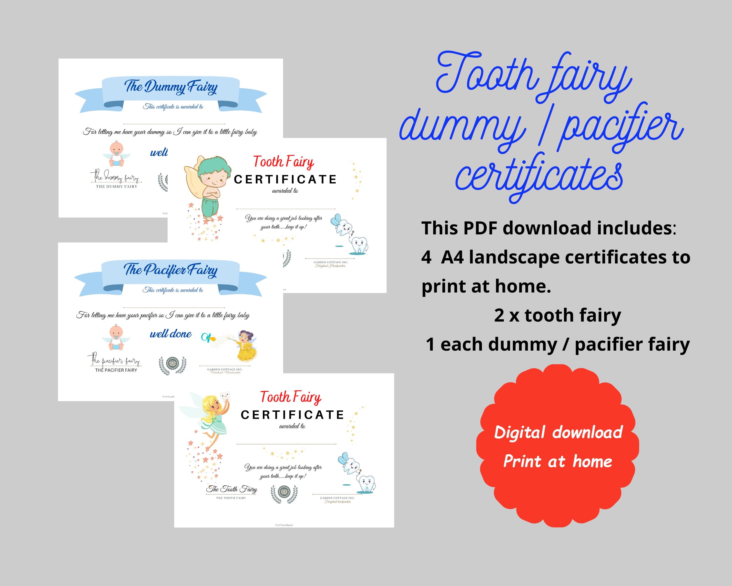 Print at Home Reward Certificates Tooth Fairy and Dummy / Pacifier ...
