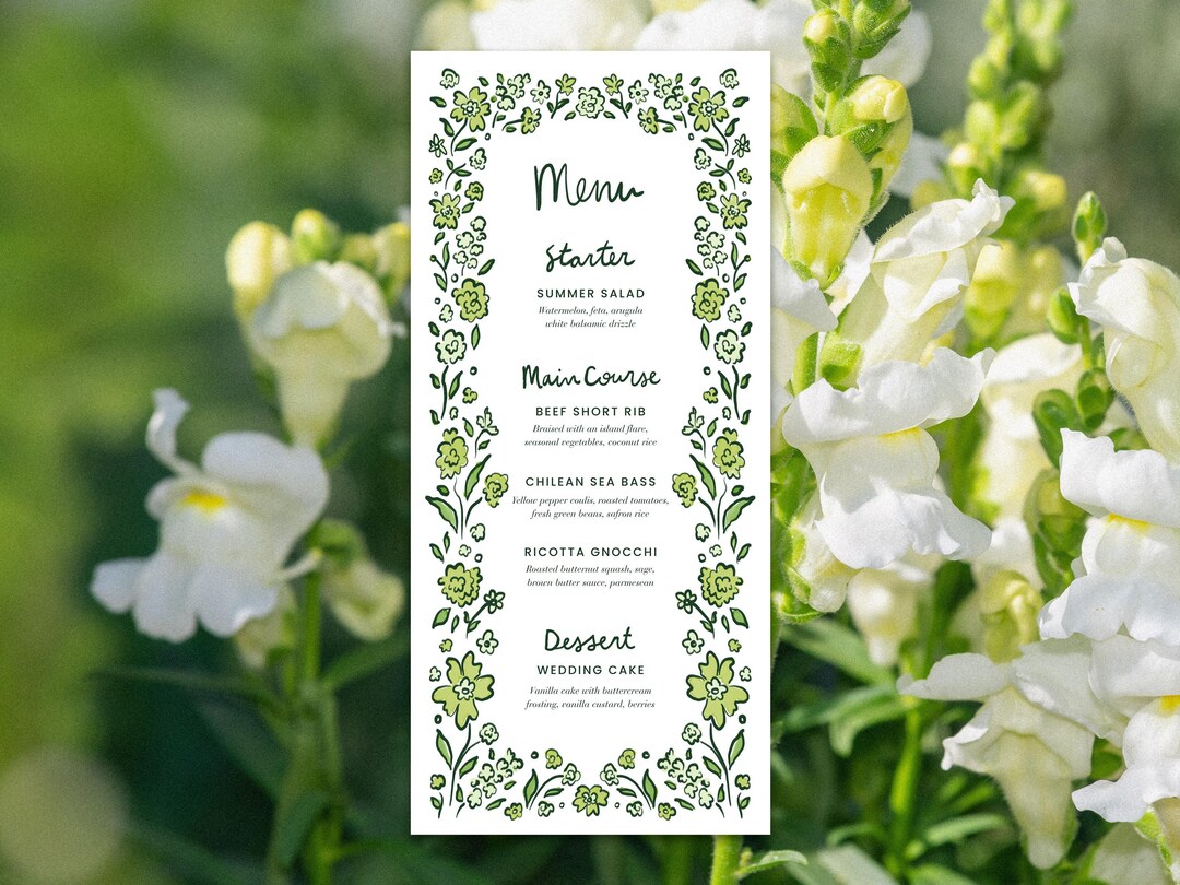 Green Hand Drawn Editable Menu Template, 4x9 for Dinner Parties and ...