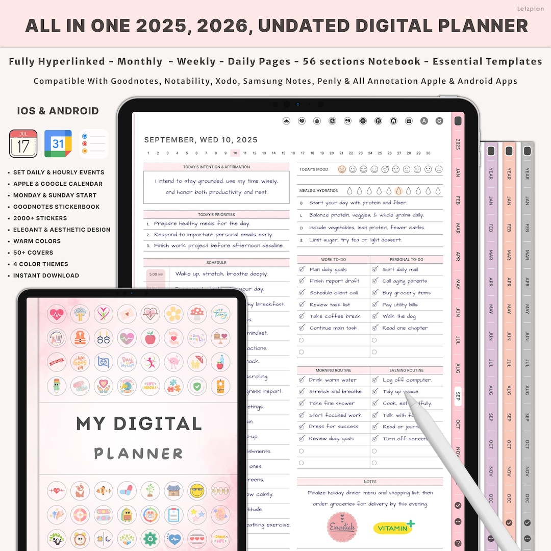 2025 2026 Digital Planner for Goodnotes Notability iPad Tablet | Daily ...