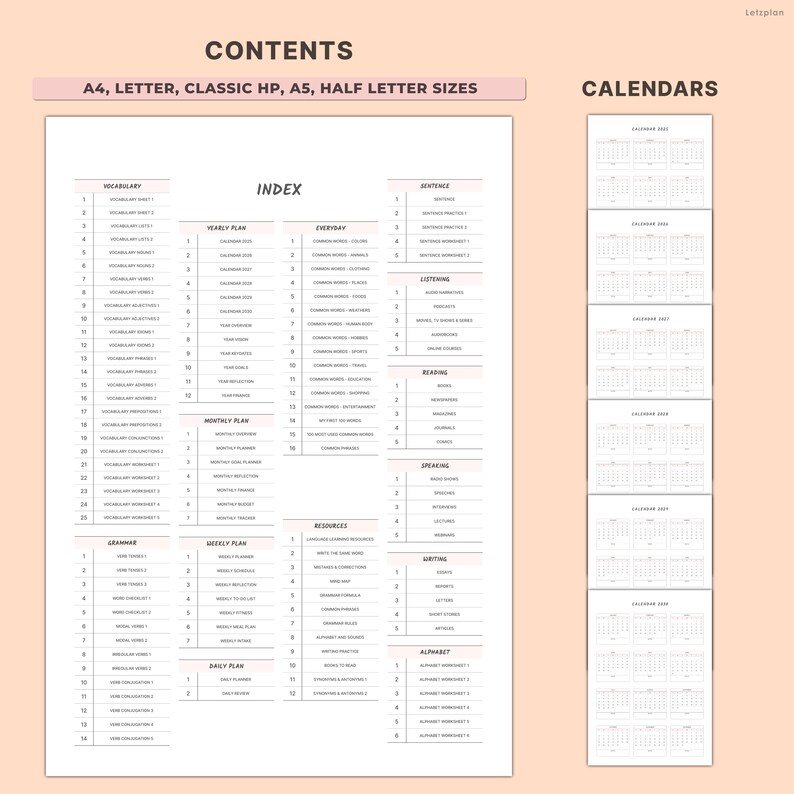 Printable Language Learning Planner | Undated Vocabulary & Grammar ...