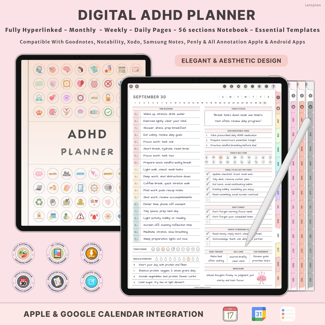Undated ADHD Digital Planner for Adults | Goodnotes and Notability ...