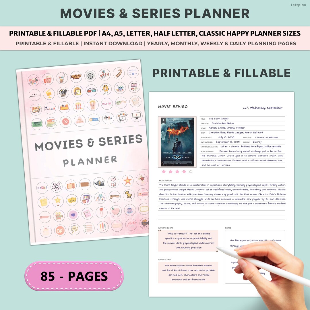 Movies TV Series Planner Printable | Watchlist Tracker Review Log ...
