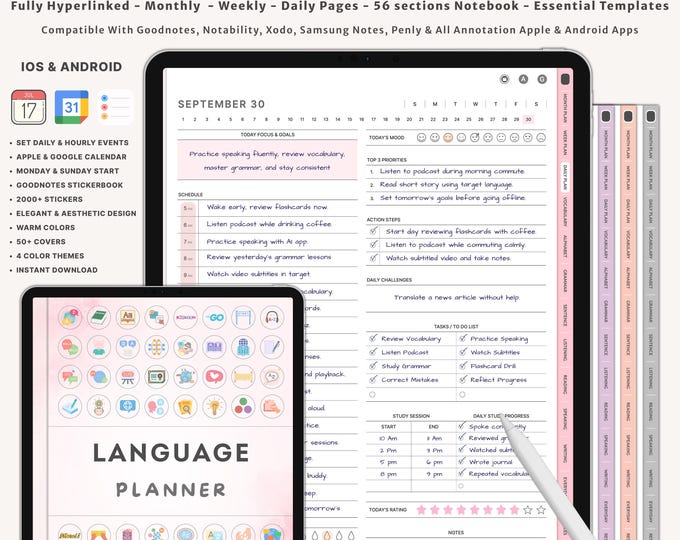 Language Learning Digital Planner, Hyperlinked Language Study Notebook ...