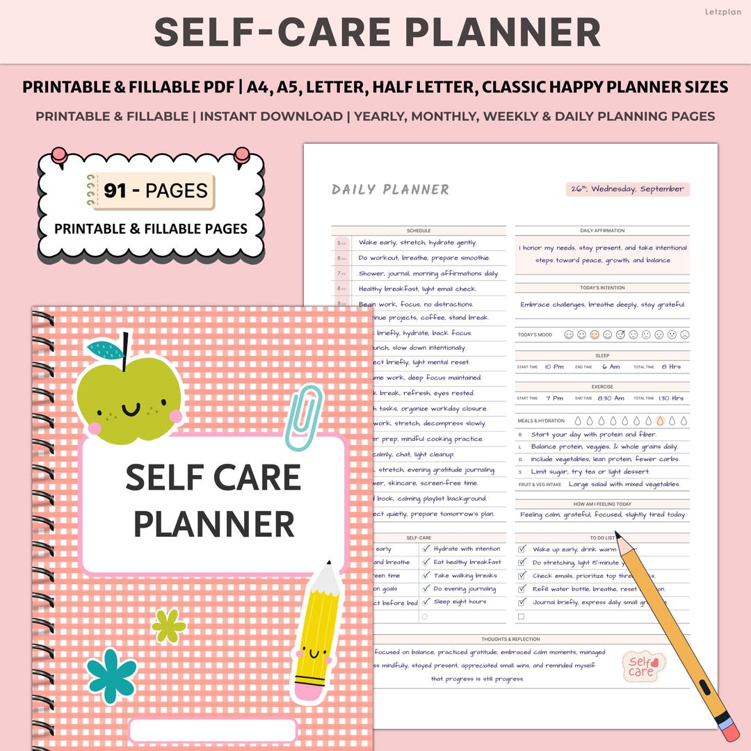 Printable Self Care Planner | Wellness Mindfulness Journal | Mood Habit ...