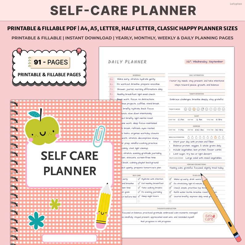 Printable Self Care Planner | Wellness Mindfulness Journal | Mood Habit ...