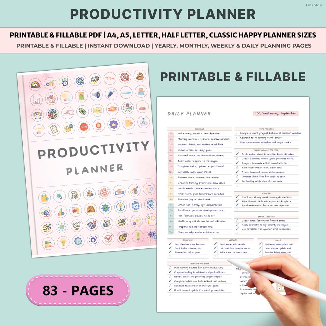 Productivity Planner Printable | Daily Weekly Goal Tracker Time ...
