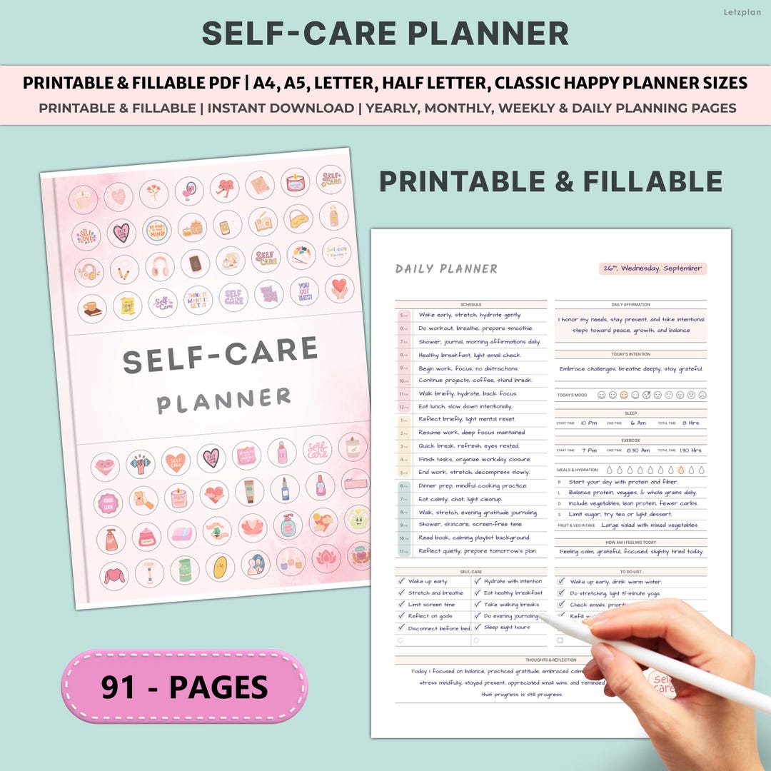 Self Care Planner Printable | Wellness Mindfulness Mood Tracker ...