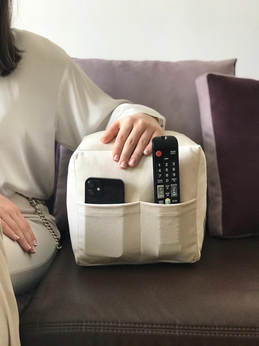Sofa Armrest Organizer Pillow, Velvet Couch Remote Holder Cushion ...