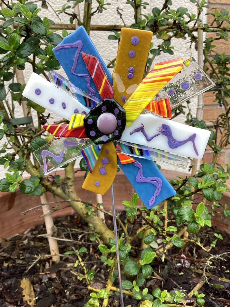 Individual Deluxe Fused Glass Flower Garden Stakes Handmade for Outside ...