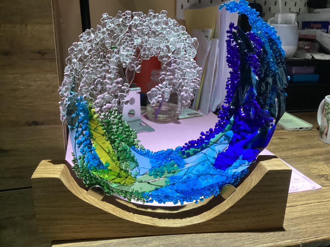 Large Fused Glass Wave Sculpture: Handmade Ocean Decor With Solid Oak ...