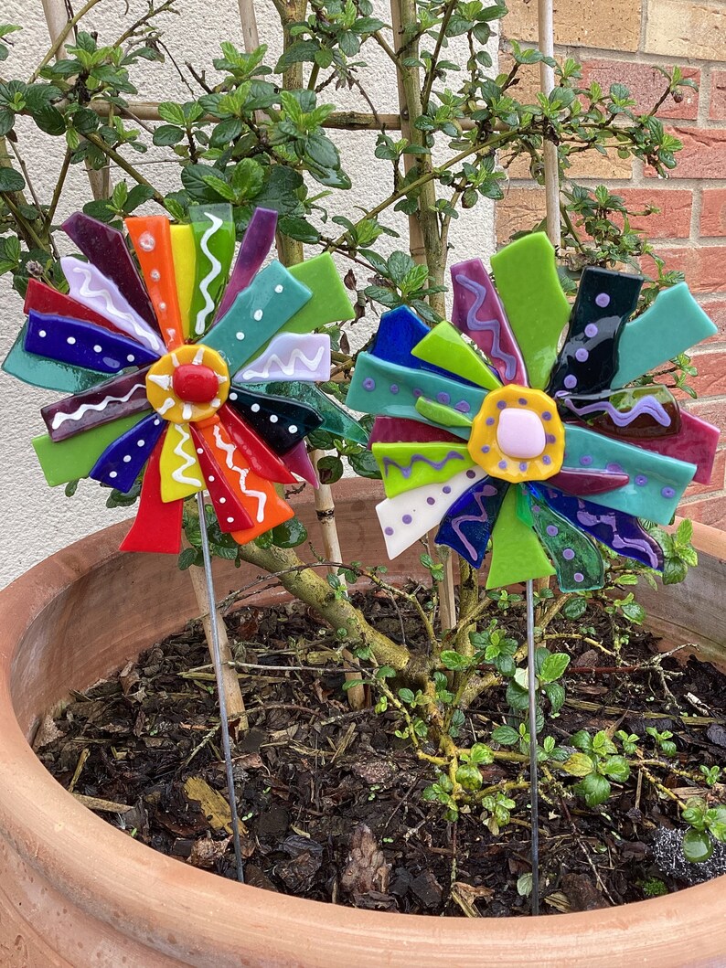 Individual Deluxe Fused Glass Flower Garden Stakes Handmade for Outside ...