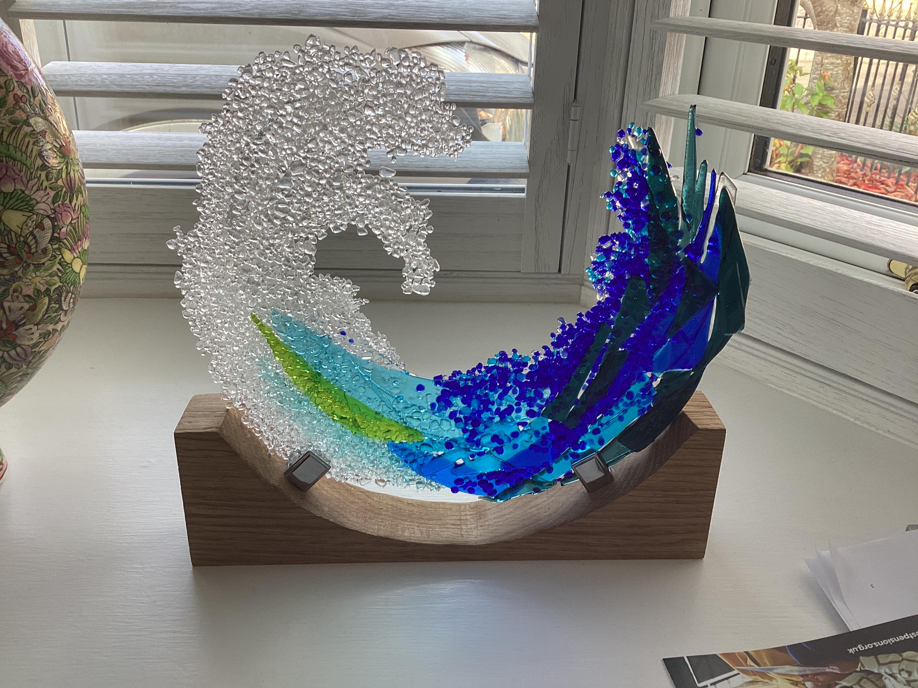 Large Fused Glass Wave Sculpture: Handmade Ocean Decor With Solid Oak ...