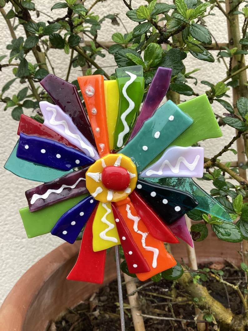 Individual Deluxe Fused Glass Flower Garden Stakes Handmade for Outside ...