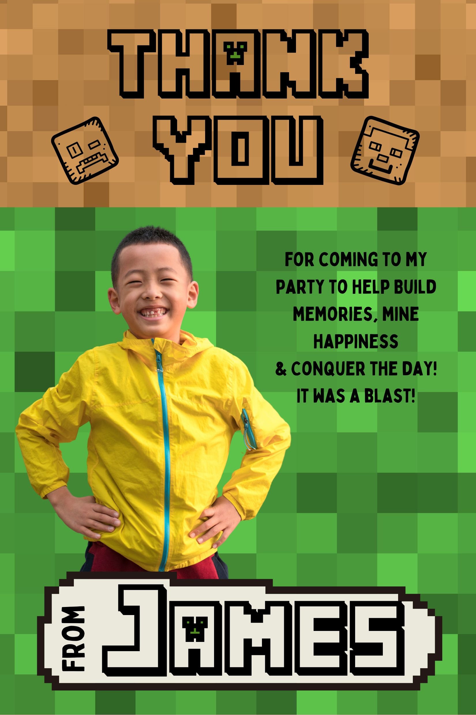 Personalized Minecraft Thank You Card for Kids Birthday | Customized ...