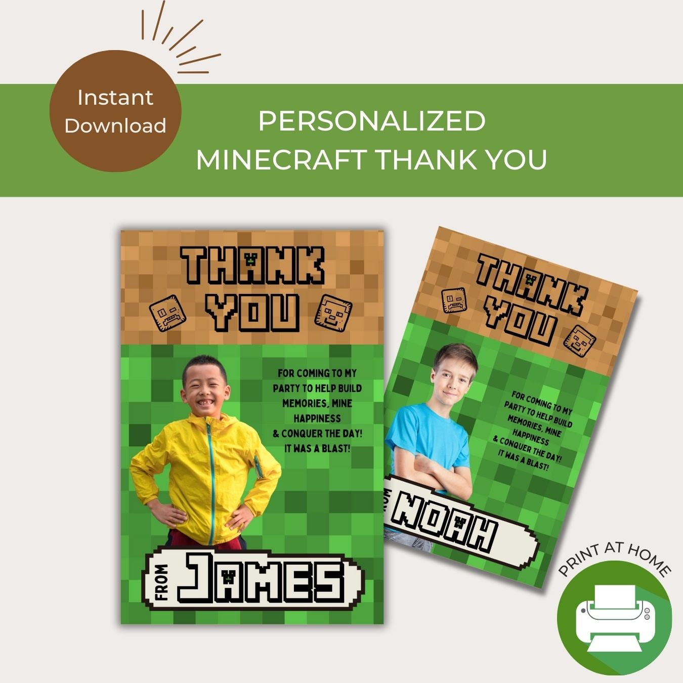 Personalized Minecraft Thank You Card for Kids Birthday Customized ...