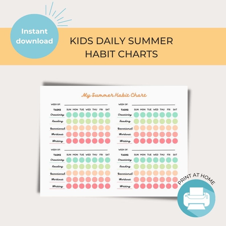 Printable Summer Habit Chart for Kids | Weekly & Monthly | Training ...