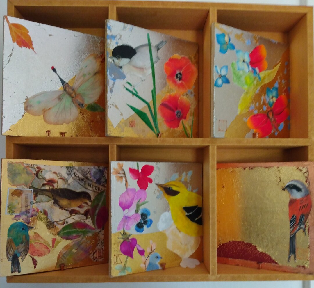 Bird Collage Art: Gold-leaf Panels in Rustic Cubby Display - Etsy