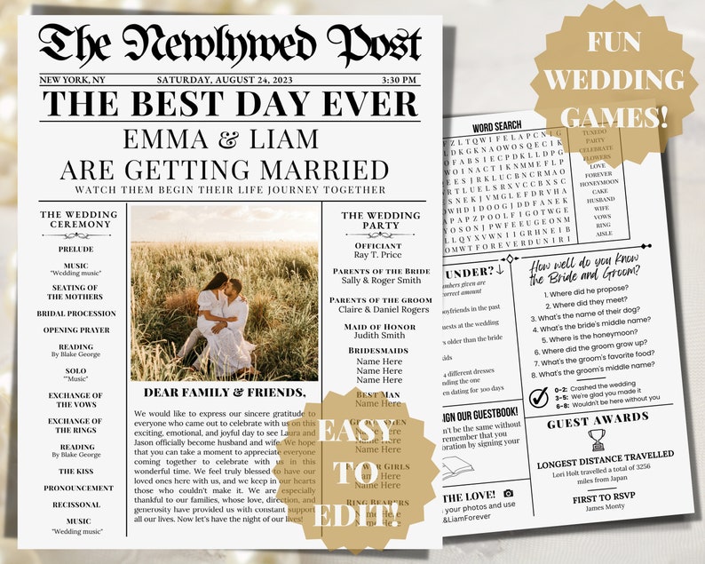 Newspaper Wedding Program, Fully Editable, Unique Wedding Infographic ...